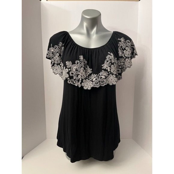 Jkla | Tops | Jkla Sz S Casual Black Women Blouse Ruffled Embroidery ...